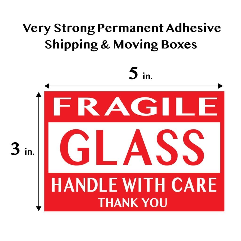 "GLASS" "Fragile Handle With Care" Bright Red Shipping Labels 3x5